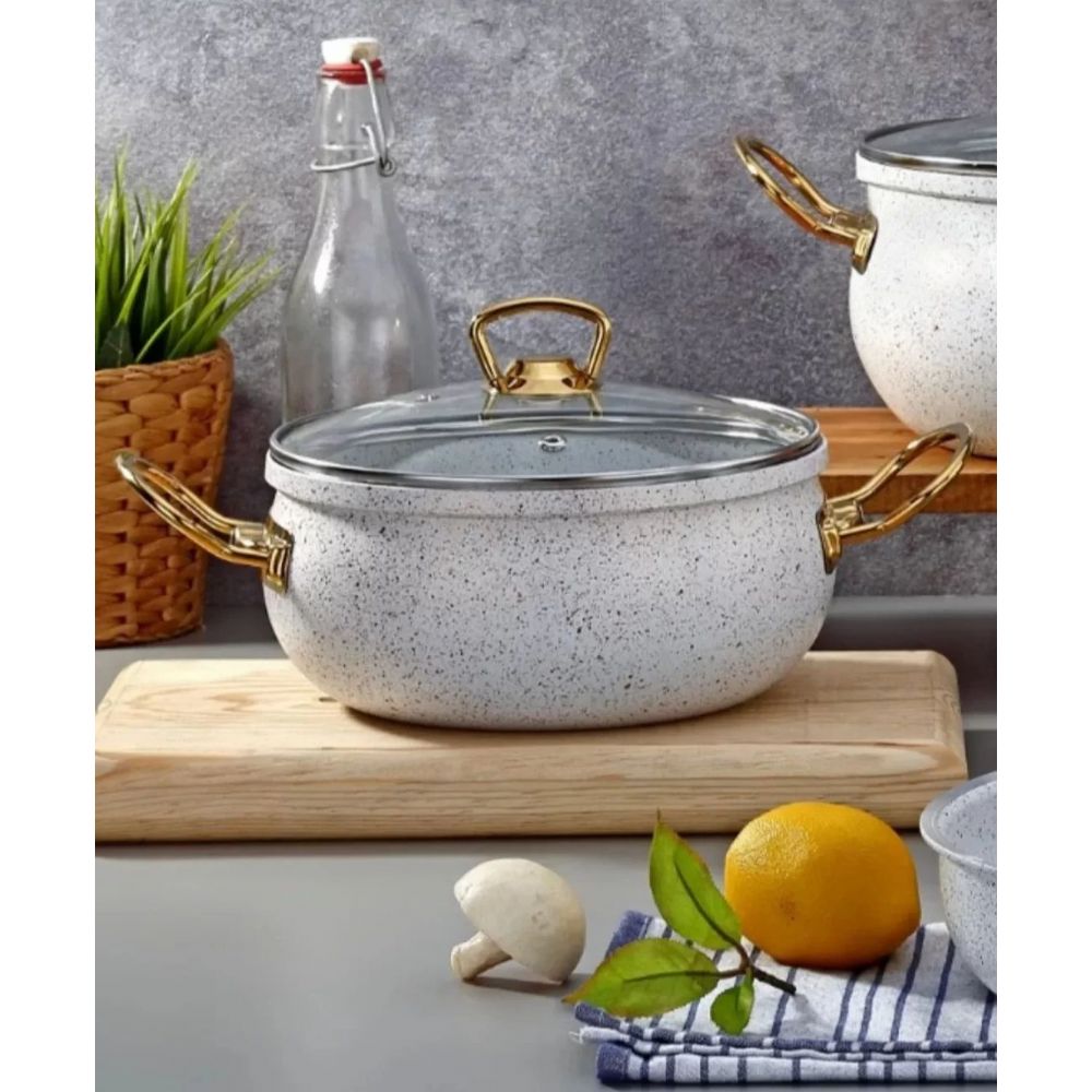 7 Parça Gold Demir Kulp Beyaz Granit Tencere Seti - zaten.com