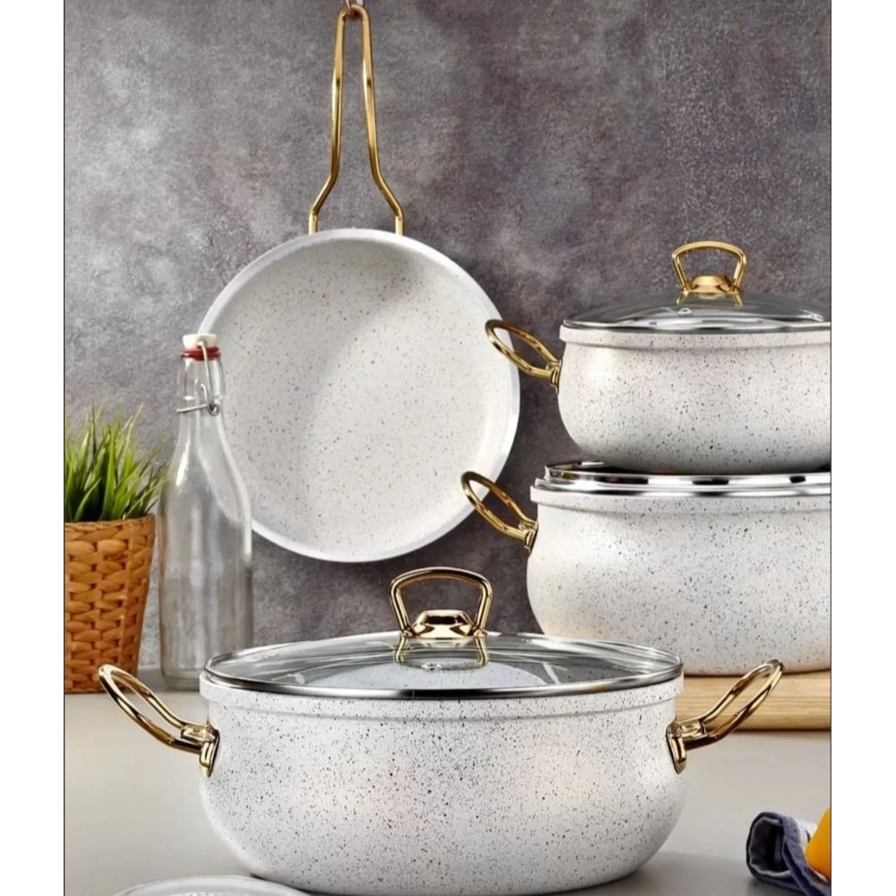 7 Parça Gold Demir Kulp Beyaz Granit Tencere Seti - zaten.com