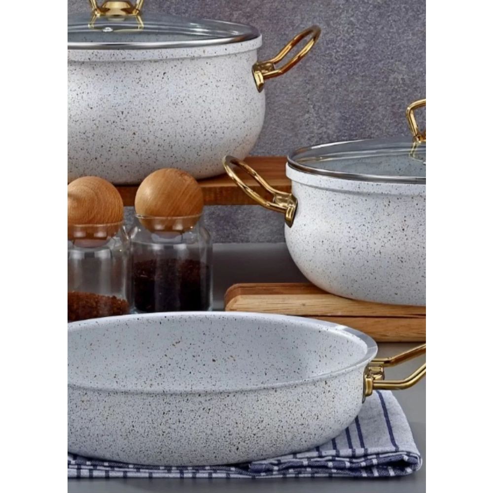 7 Parça Gold Demir Kulp Beyaz Granit Tencere Seti - zaten.com